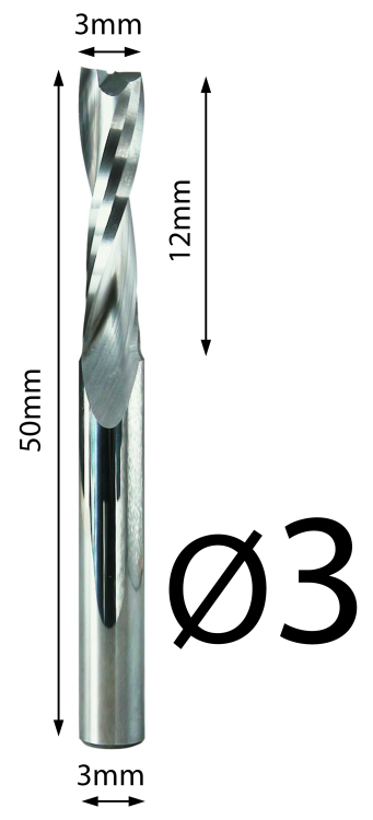 Spiralno CNC glodalo za ivericu i medijapan (MDF) 3mm, prihvat 3mm, ukupna dužina 50mm FUL 9E.030