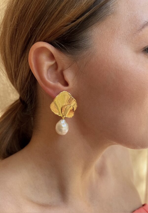 Orchid Petals 24 carat gold plated earrings with freshwater baroque pearls