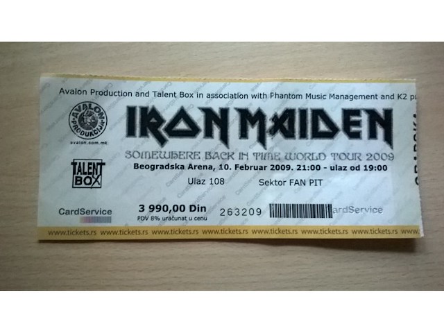 Ulaznica IRON MAIDEN 10.02.2009.