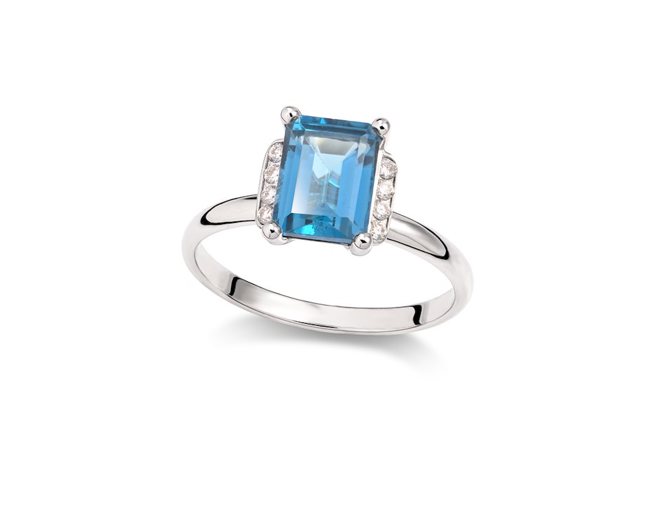 Prsten sa emerald cut London plavim topazom i dijamantima