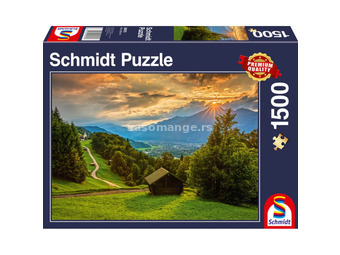 SCHMIDTSPIELE Puzzle game 1500 pieces Sunset over the mountain village of Wamberg