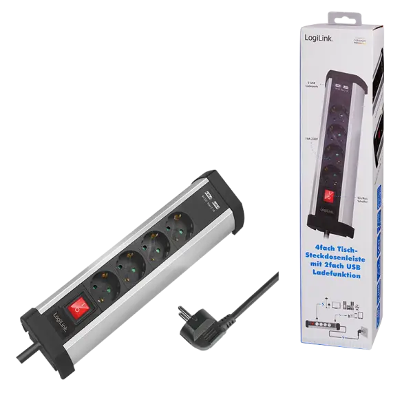 Logilink produžni kabl 4 mesta, 2 USB, prekidač, stalak, 3.0m, aluminium