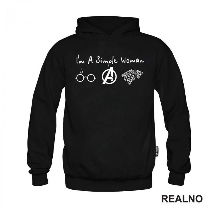 I'M A SIMPLE WOMAN - SYMBOLS HARRY POTTER, AVENGERS, GAME OF THRONES - GEEK - DUKS