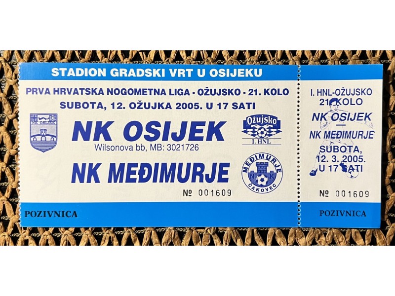 ulaznica za fudbalsku utakmicu nk Osijek Medjimurje(96.