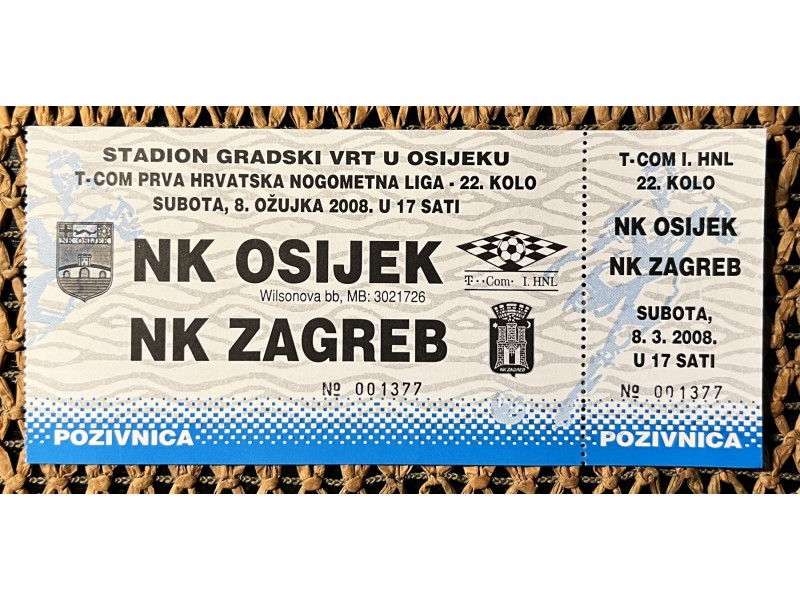 ulaznica za fudbalsku utakmicu nk Osijek Zagreb (102.)