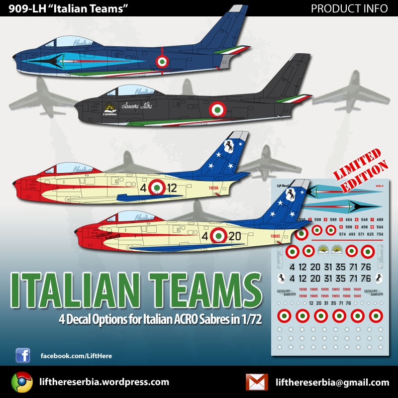 LIFT HERE! “Italian Teams”, Four Decal Options for CL-13 Sabre M