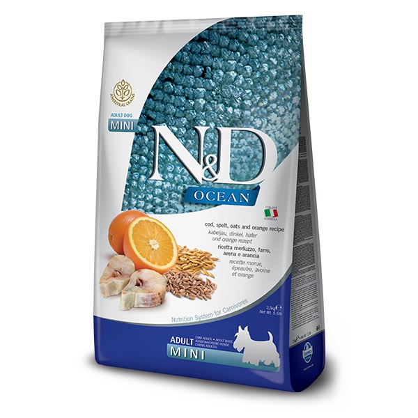 N&D Ocean Mini Adult Cod, Spelt, Oats & Orange – 2,5 kg