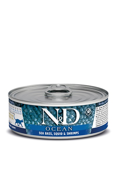 N&D Ocean Cat Sea Bass, Squid&Shrimps – 12×80 g