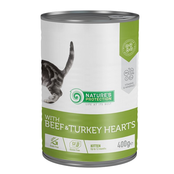 NATURE’S PROTECTION Can Kitten Beef&Turkey Hearts – 6×400 g