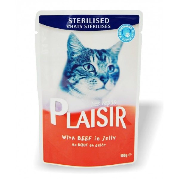 Plaisir Sterilised Cat Beef in Jelly – 22×100 g