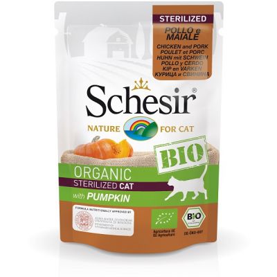 Schesir Cat BIO Organic Sterilized Piletina i Svinjetina sa Bundevom – 12×85 g