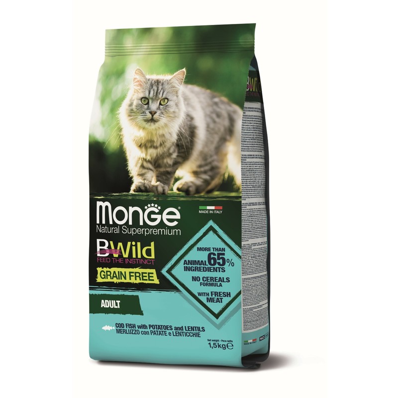 Monge Cat BWild Grain Free Adult Bakalar, Sočivo i Krompir 1,5 kg