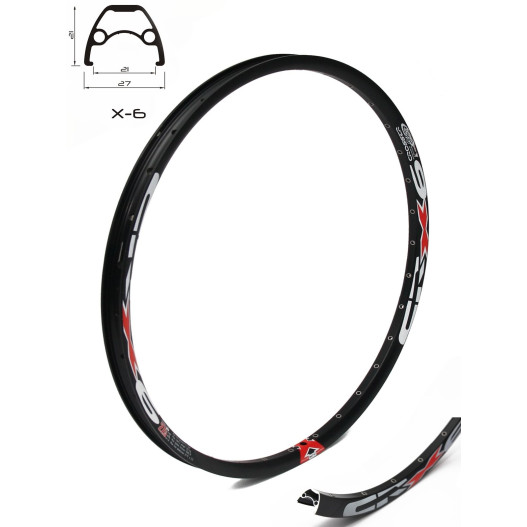 FELGA RIM 27.5"(584x21), X6, 36 rupe, CRNA, za DISK kočnice
X-6 Dvozidni profil za vožnju po zahtevnim terenima (MTB), samo za disk kočnice. Sa ojačanjem oko rupa za žice od nerđajućeg čelika.
B...