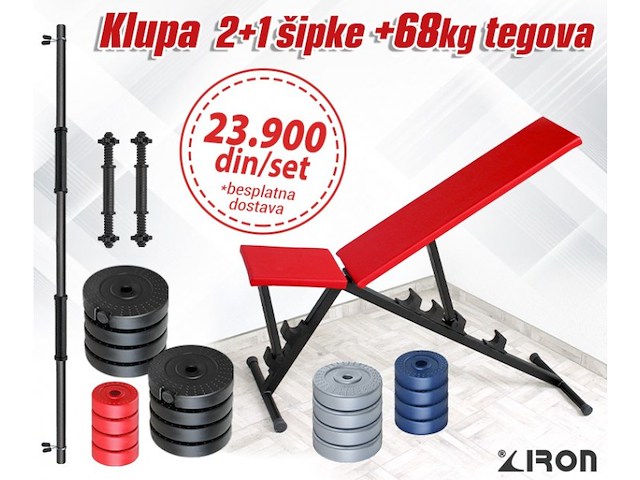 Tegovi i klupa Univerzalna klupa 2+1 šipke +68kg tegova