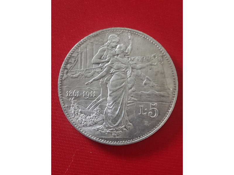5 Lire 1861-1911 Italija Srebro RRR