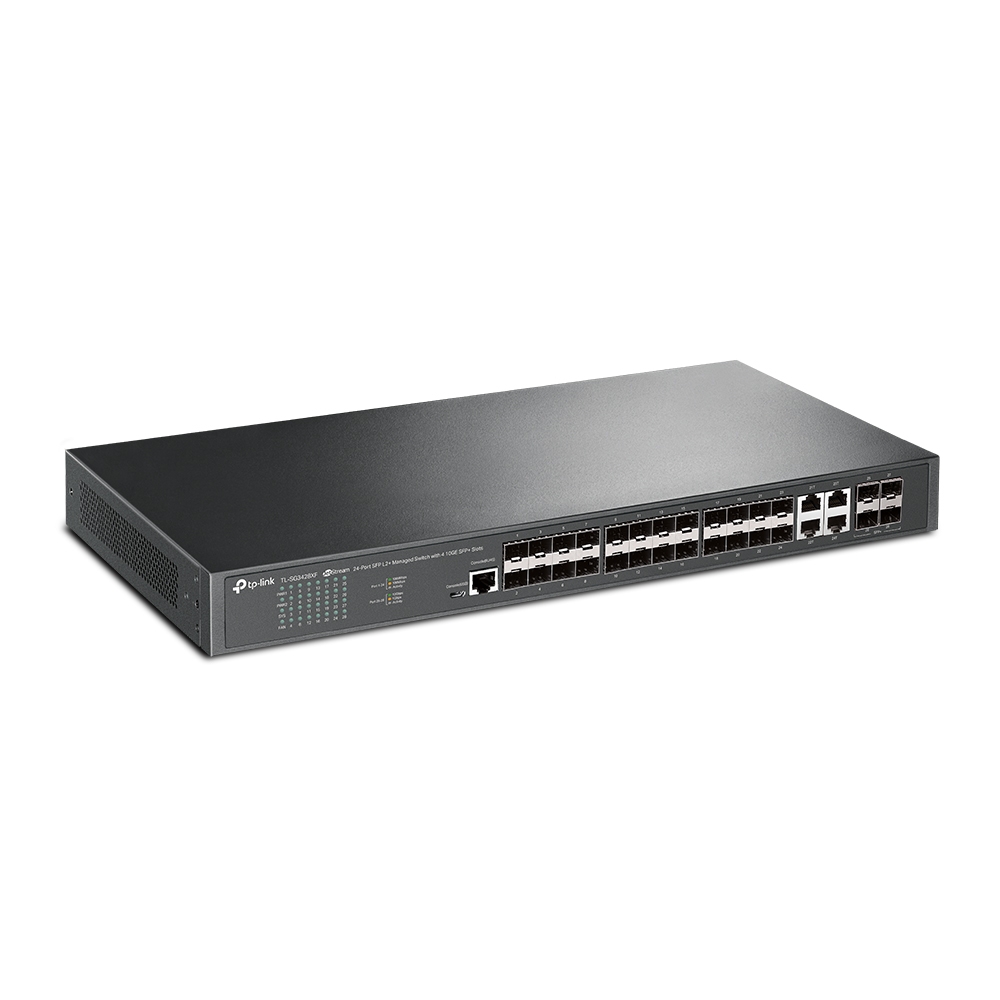 TP-Link TL-SG3428XF Omada L3-lite upravljiv cloud svič 20 x GbE SFP slot + 4 x combo GbE RJ-45 / SFP slot + 4 x 10GbE SFP+, VLAN, SNMP, RMON, L2~L4 QoS, IGMP, ACL, port security, redudantno napajanje