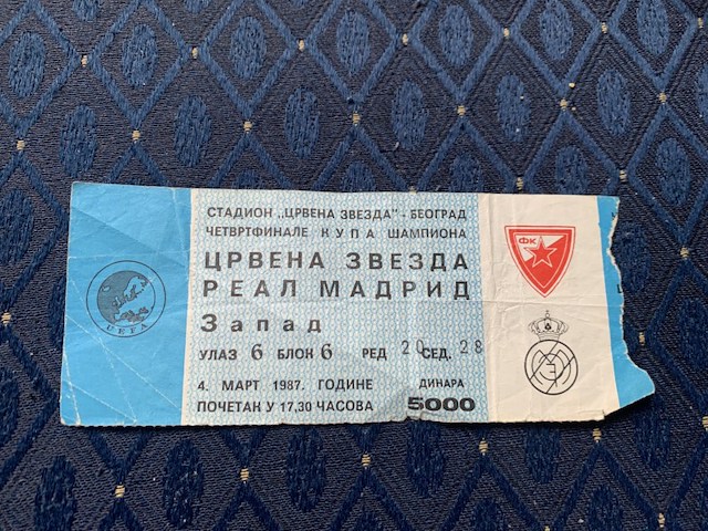 Karta za utakmicu C. Zvezda - Real Madrid iz 1987.