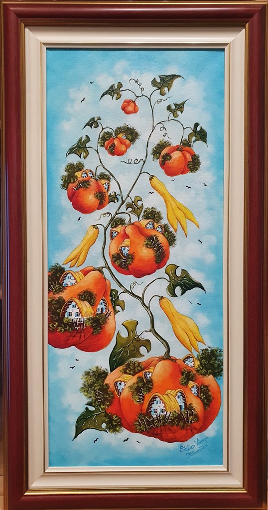 Svet bundeva, Štefan Varga, Naiva Kovačica, ulje na platnu, uramljena, sa 84×44 cm, bez 70×30 cm, sertifikat, 750 eura