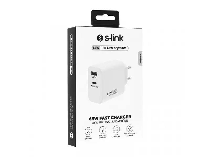 S-LINK SL-EC69 BELI KUĆNI PUNJAČ (ADAPTER) ZA TELEFON USB A/USB C 65W/QC 18W