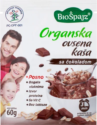 BioŠpajz
Organska ovsena kaša - čokolada, 60 g