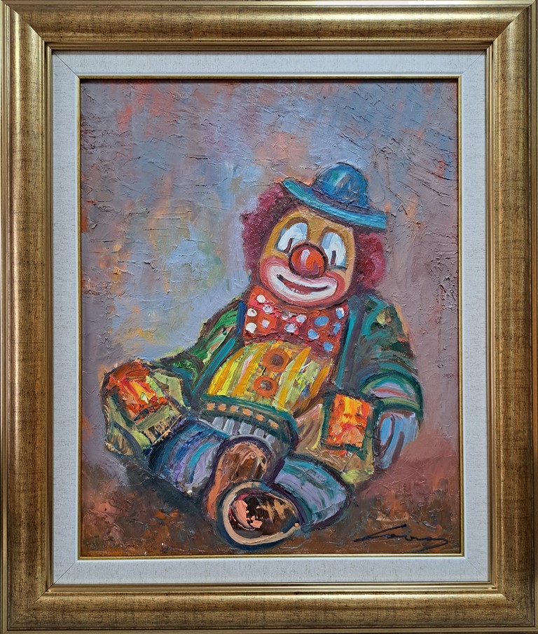 Klovn sedi, ulje na platnu, Ivan Vanja Milanovic, sa 66×56 cm, bez 50×40 cm, sertifikat, 17700 dinara