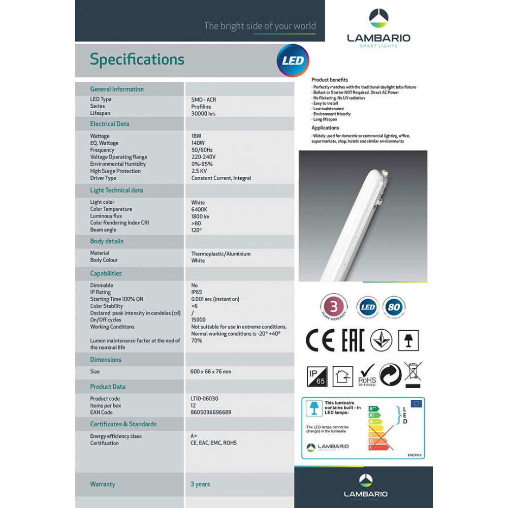 LED VODOD 18W 6.5K 0.6M 3G IP6