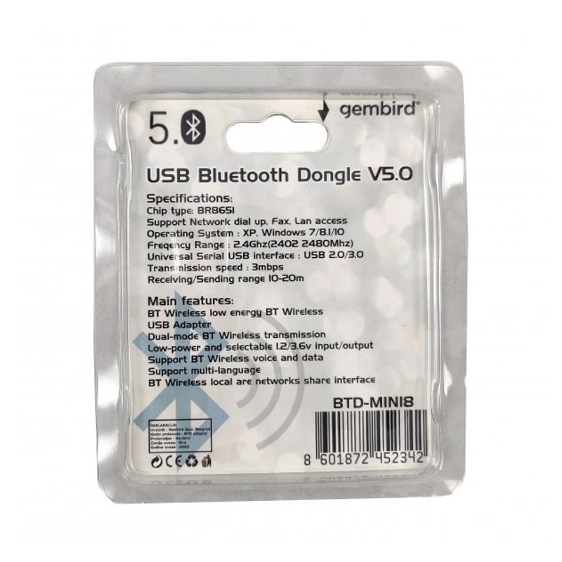 BTD-MINI8 ** Gembird USB2.0/3.0 Bluetooth dongle v5.0, 2.4Ghz 3MB/s(24Mbps) 8dBm 20m BR8651(399)