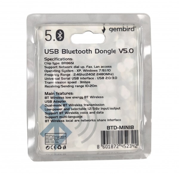 BTD-MINI8 ** Gembird USB2.0/3.0 Bluetooth dongle v5.0, 2.4Ghz 3MB/s(24Mbps) 8dBm 20m BR8651(439)