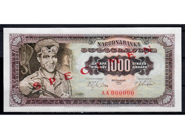 BA-1.000 DINARA 1963 SPECIMEN