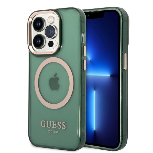 LICENSED GUESS GUESS Futrola za iPhone 14 Pro Max GOLD OUTLINE TRANSLUCENT KAKI MagSafe