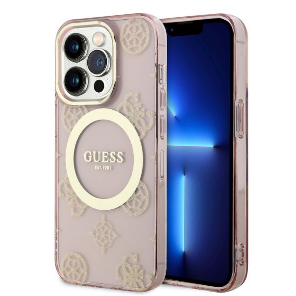 LICENSED GUESS GUESS Futrola za iPhone 14 Pro IML GLITTER PEONY GOLD PINK MagSafe