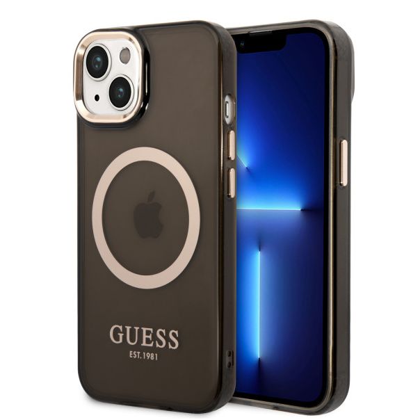 LICENSED GUESS GUESS Futrola za iPhone 14 Plus GOLD OUTLINE TRANSLUCENT BLACK MagSafe