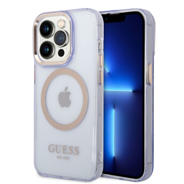 LICENSED GUESS GUESS Futrola za iPhone 14 Pro GOLD OUTLINE TRANSLUCENT PURPLE MagSafe