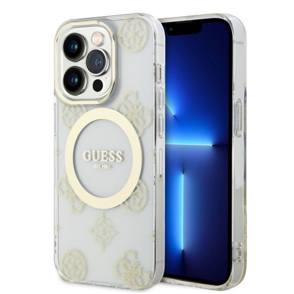 LICENSED GUESS GUESS Futrola za iPhone 14 Pro IML GLITTER PEONY GOLD TRANSPARENT MagSafe