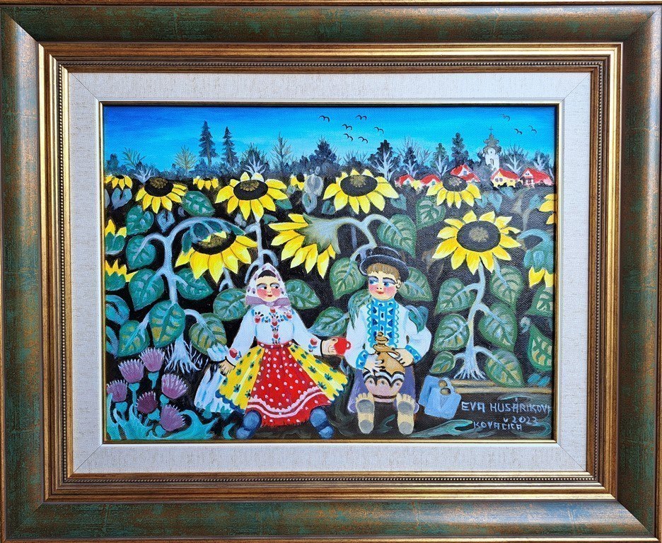 Suncokreti, Eva Husarikova, Naiva Kovačica, ulje na platnu, sa 46×56 cm, bez 30×40 cm, sertifikat, 70800 dinara