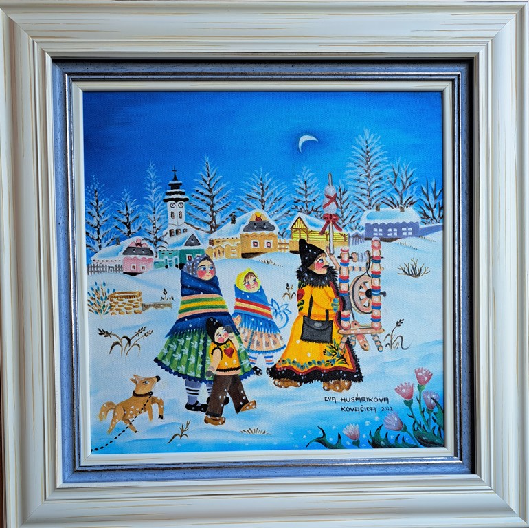 Zimski put, Eva Husarikova, Naiva Kovačica, ulje na platnu, sa 57×57 cm, bez 40×40 cm, sertifikat, 800 eura