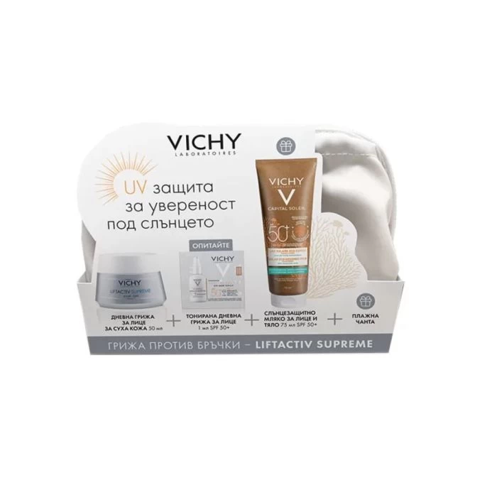 VICHY LIFTACTIV SUPREME KREMA ZA SUVU KOŽU+ CAPITAL SOLEIL MLEKO ZA TELO SPF 50+ 75 ML+ TORBICA ZA PLAŽU