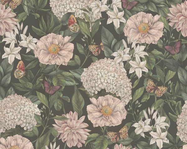 LIVINGWALLS WALLPAPER «FLORAL, BLACK, GREEN, PINK» 394261