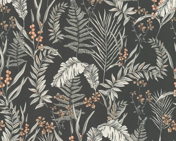 LIVINGWALLS WALLPAPER «FLORAL, BLACK, ORANGE, WHITE» 394341