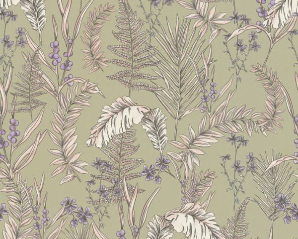 LIVINGWALLS WALLPAPER «FLORAL, CREAM, GREEN, PURPLE» 394343