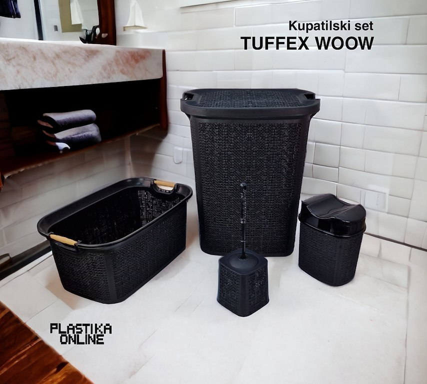 Kupatilski set Tuffex WOOW – crna ( korpa za prljav veš, korpa za čist veš, kanta za smeće, wc četka)