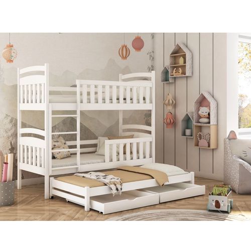 Drveni dečiji krevet na sprat Viki s tri kreveta i fiokom - beli - 190/200*90 cm
