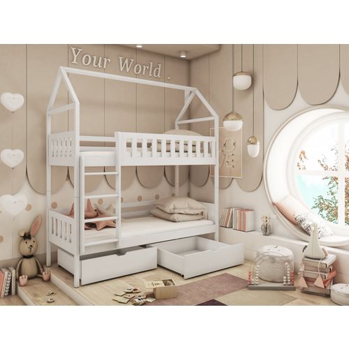 Drveni Dečiji Krevet Na Sprat Gaja Sa Fiokom - Beli- 180X80Cm