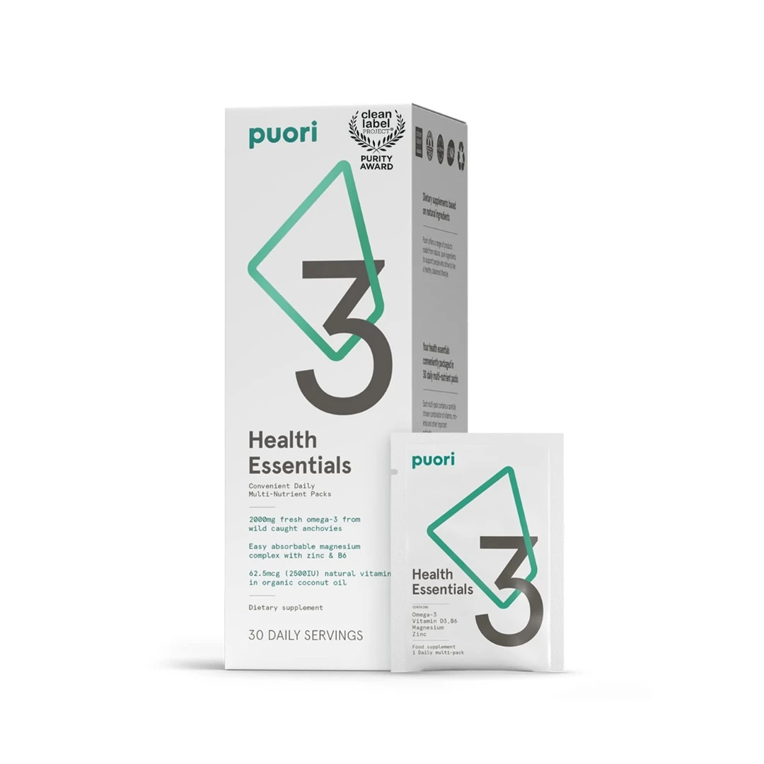 puori P3 Health Essentials sa Dnevnim Potrebama za Esencijalnim Nutrijentima - Omega 3, Magnezijumom i Vitaminom D3; 30 Pakovanja