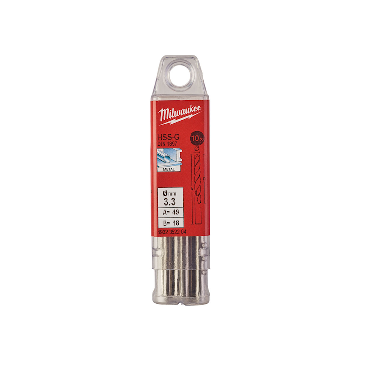 Milwaukee Set burgija za metal, kratka, HSS-G, 3,3 x 18/49 mm, 10 kom, 4932352204