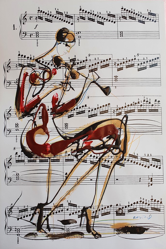 Violinistkinja, kombinovana ulje i crtez na papiru, 49×33 cm, akademski Dušan Rajšić, sertifikat, 80 eura