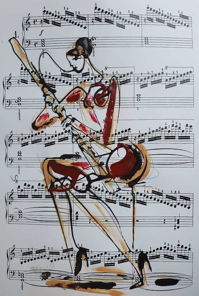 Muzika 4, kombinovana ulje i crtez na papiru, 49×33 cm, akademski Dušan Rajšić, sertifikat, 80 eura