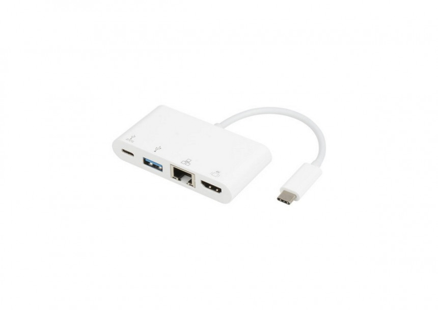 Adapter USB 3.1 tip C (M) - HDMI + USB3.0 + RJ45 + tip C (F) beli