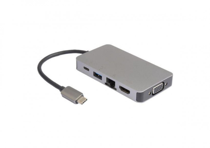 Adapter USB 3.1 tip C (M) - HDMI + VGA + 2xUSB 3.0 + RJ45 + tip C (F) beli