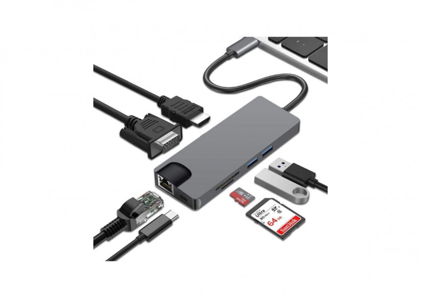 Adapter USB 3.1 Tip C (M) - HDMI+VGA+2X 3.0 USB + tip C + SD (F) + RJ45